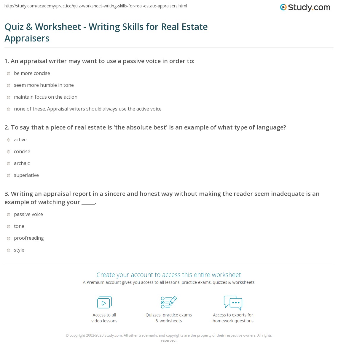 Quiz & Worksheet - Writing Skills for Real Estate Appraisers | Study.com