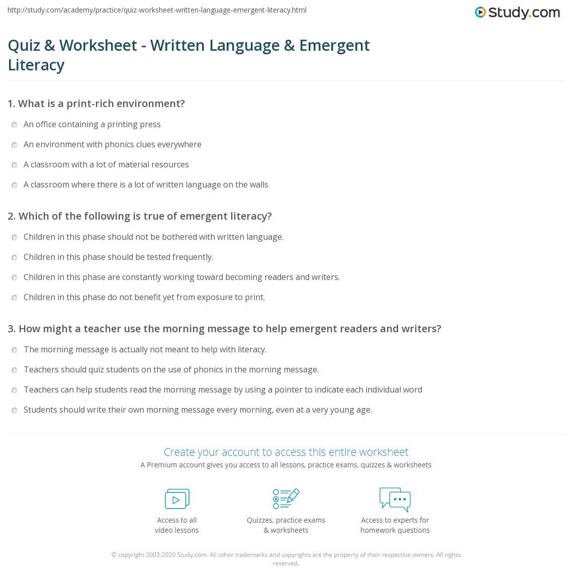 Quiz & Worksheet - Written Language & Emergent Literacy | Study.com