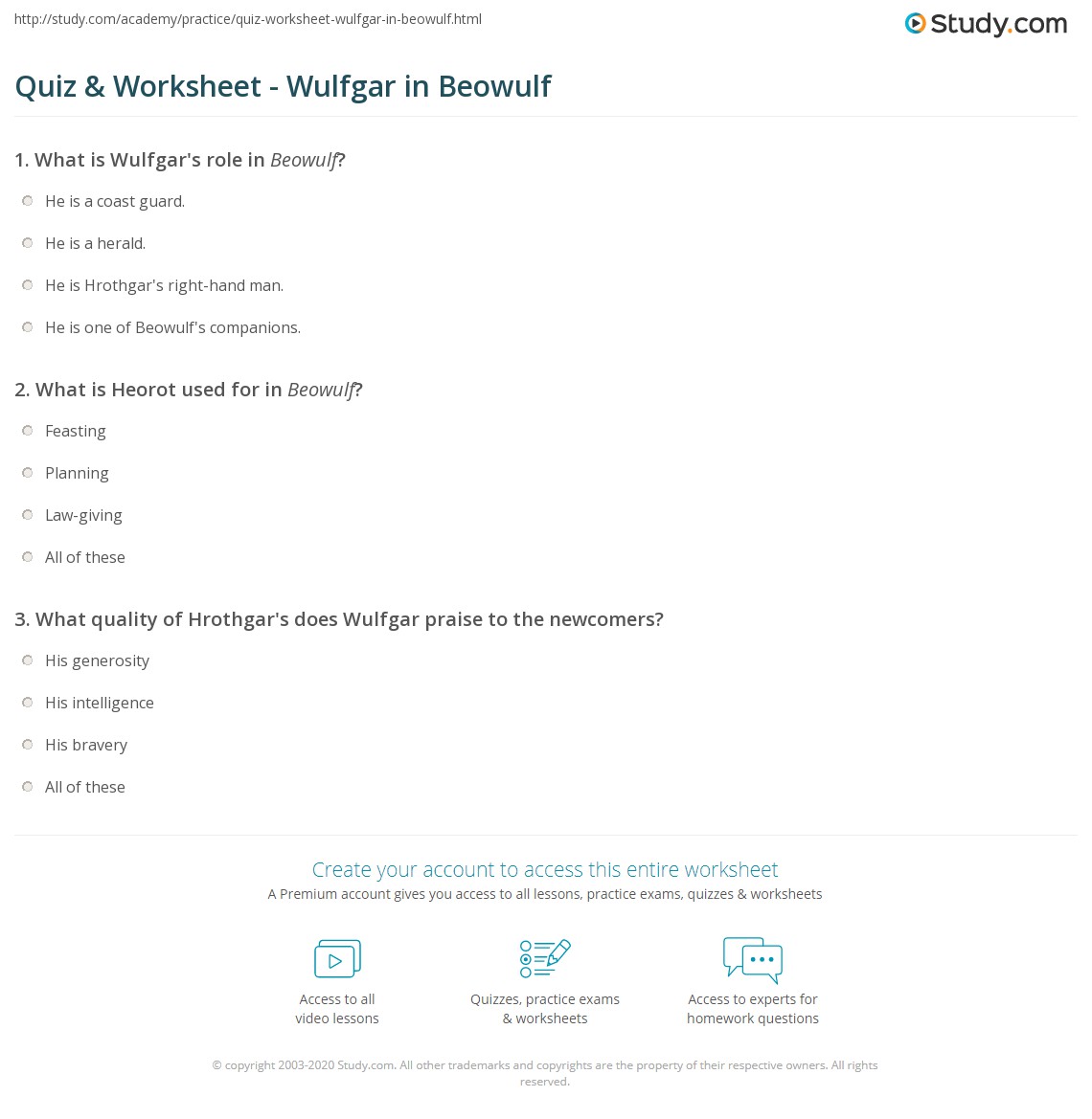 Quiz & Worksheet - Wulfgar in Beowulf | Study.com