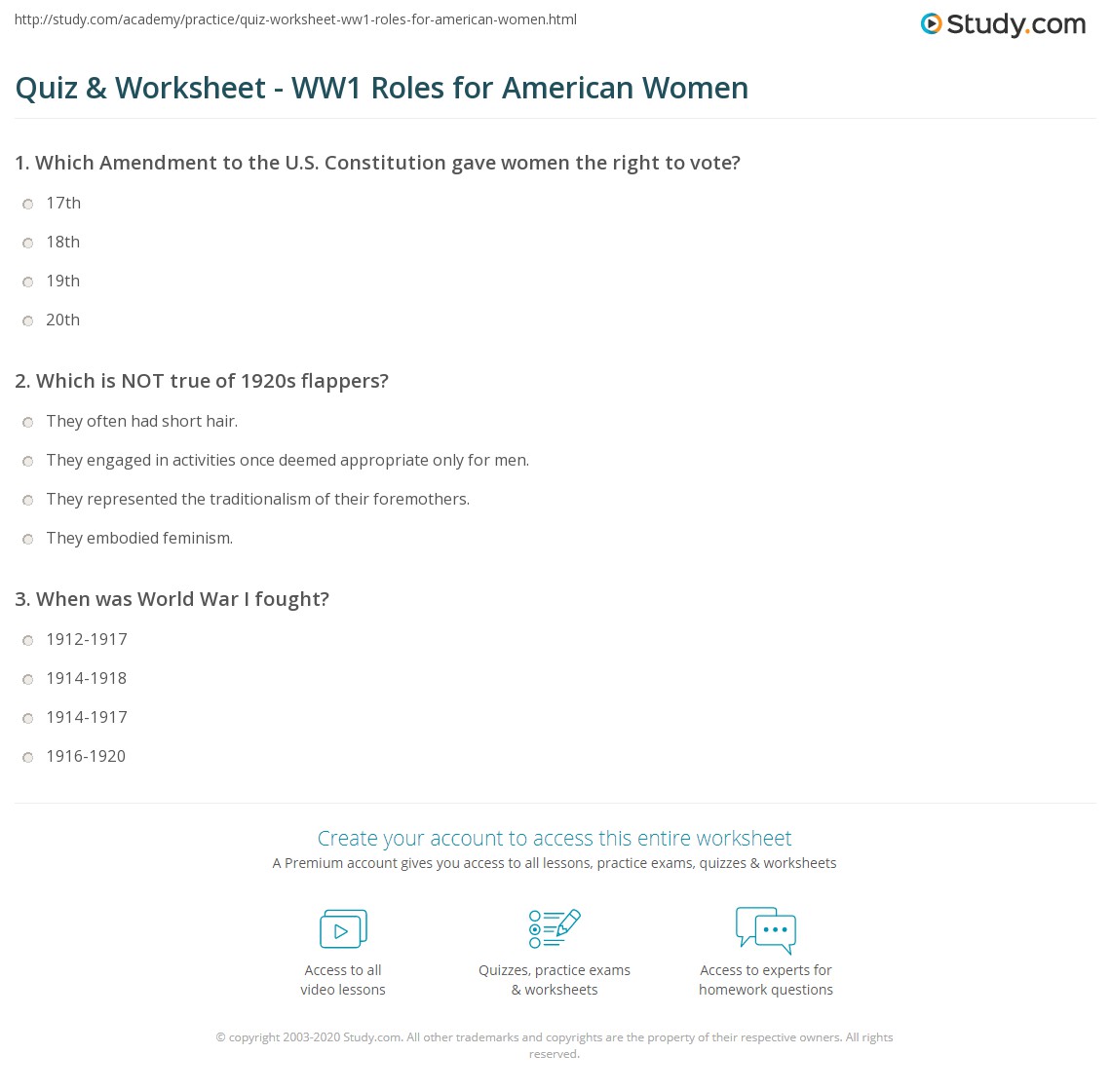 Quiz & Worksheet - WW1 Roles for American Women | Study.com