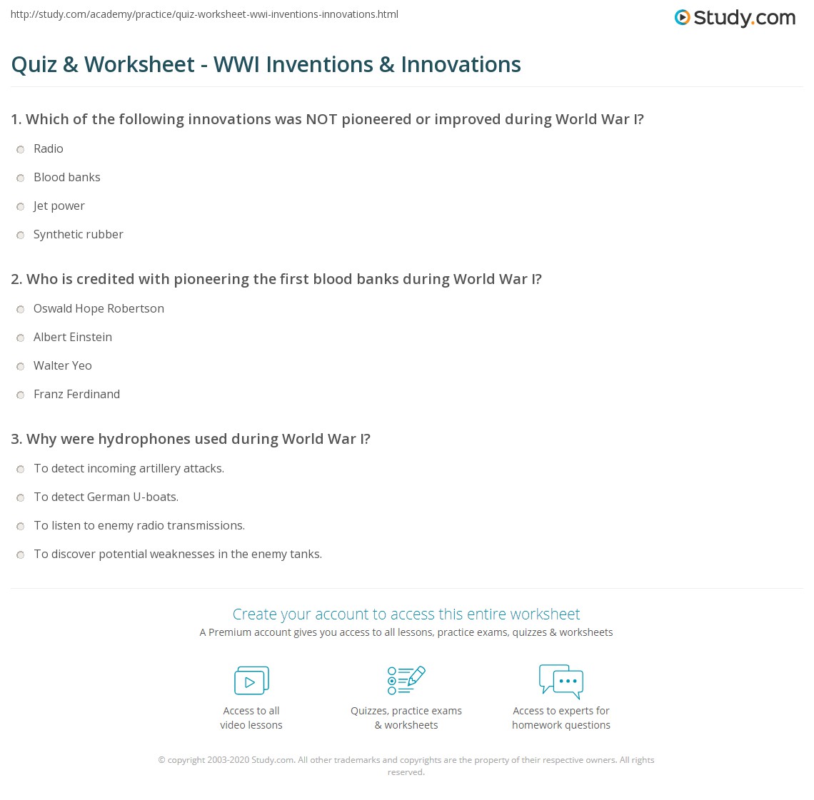 Quiz & Worksheet - WWI Inventions & Innovations | Study.com