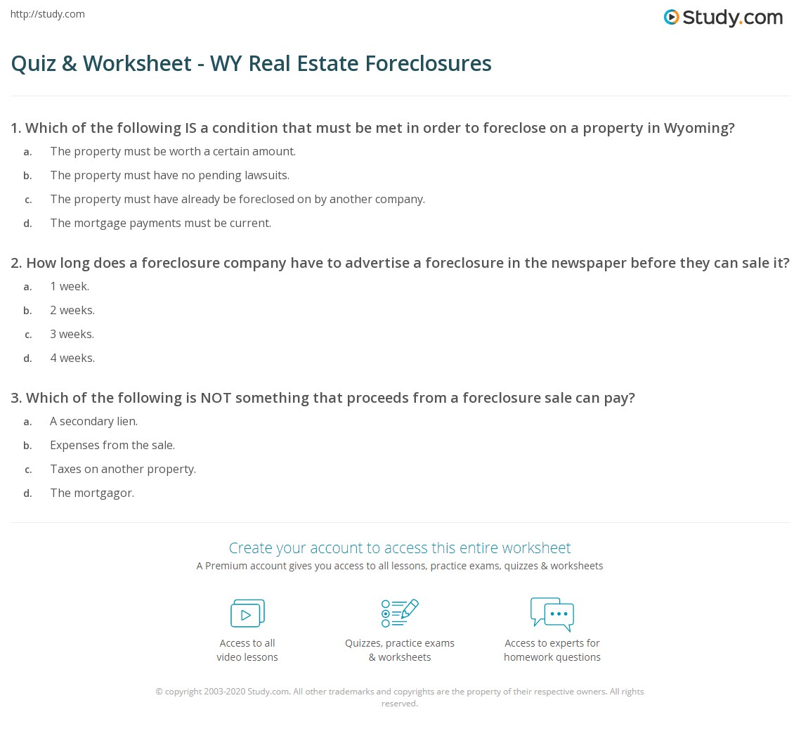 Quiz & Worksheet - WY Real Estate Foreclosures | Study.com