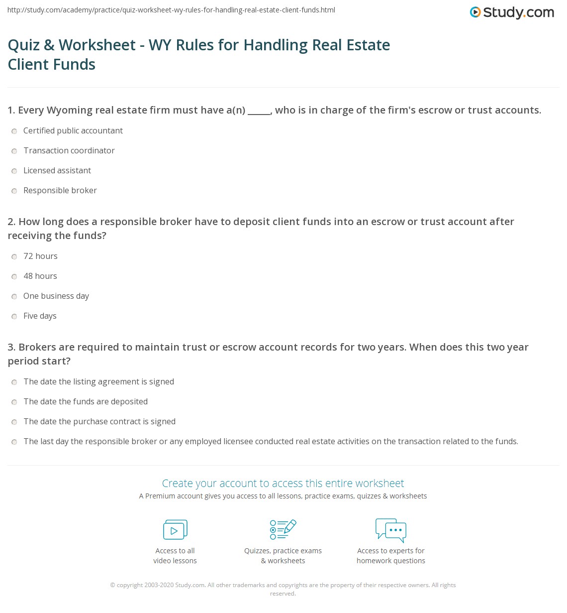 Quiz & Worksheet - WY Rules for Handling Real Estate Client Funds ...