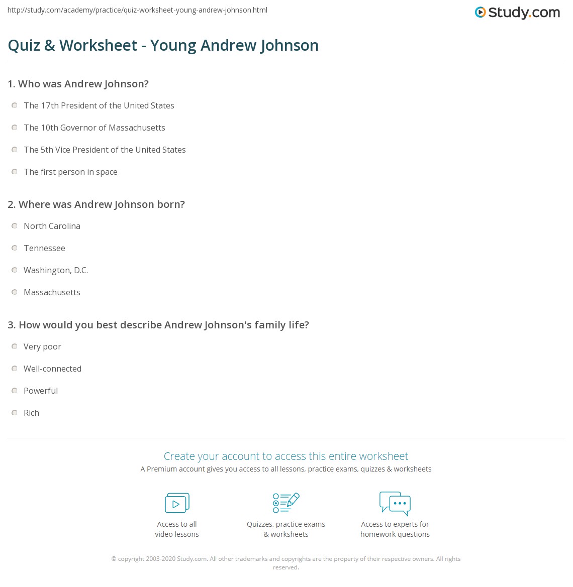 Quiz & Worksheet - Young Andrew Johnson | Study.com