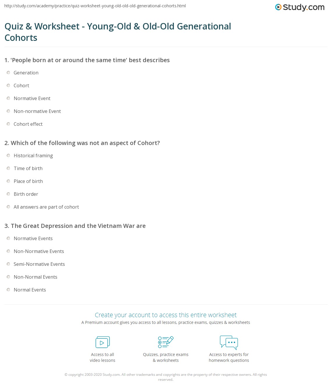 Quiz & Worksheet - Young-Old & Old-Old Generational Cohorts | Study.com