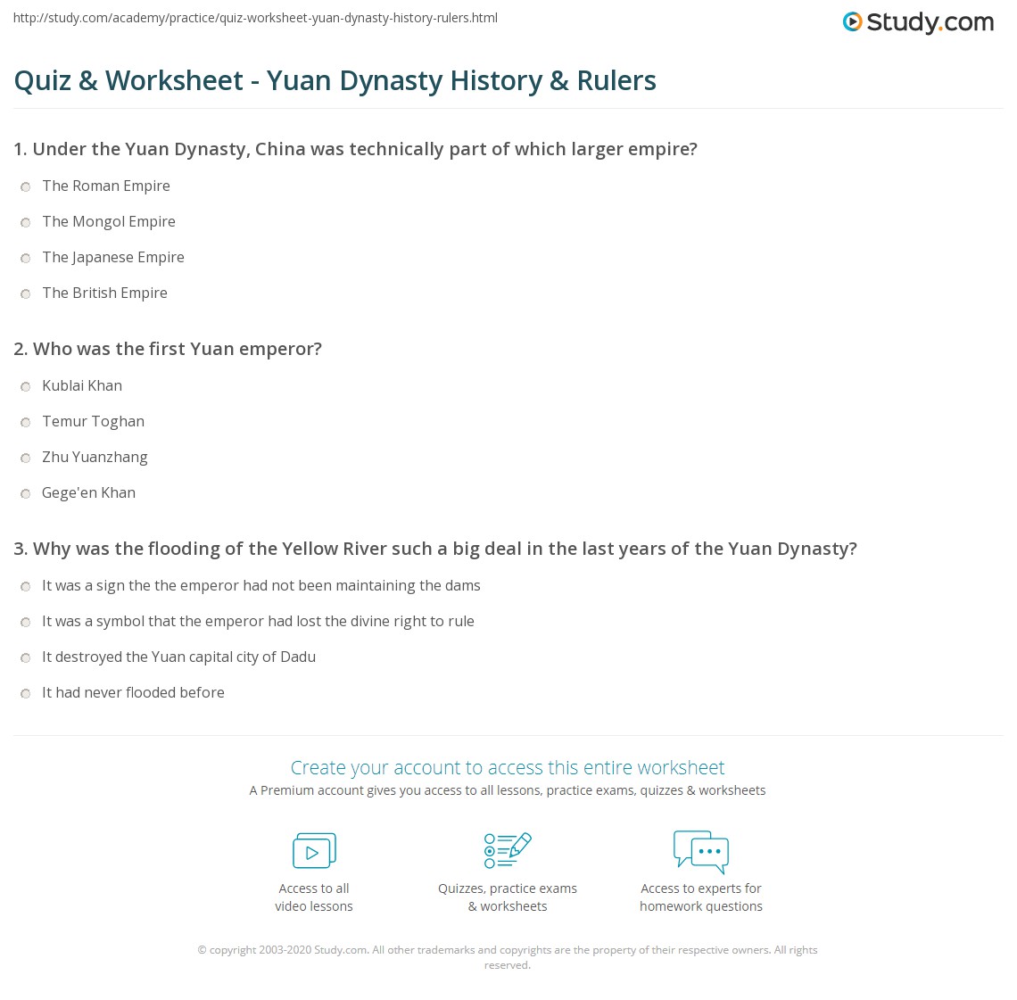 Quiz & Worksheet - Yuan Dynasty History & Rulers | Study.com