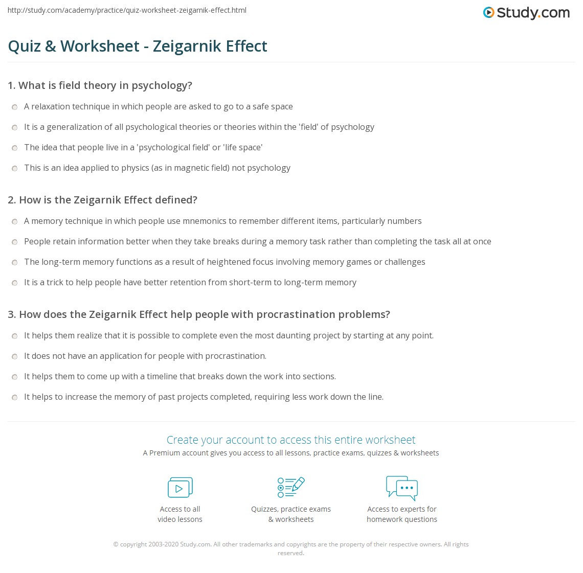 Quiz & Worksheet - Zeigarnik Effect | Study.com