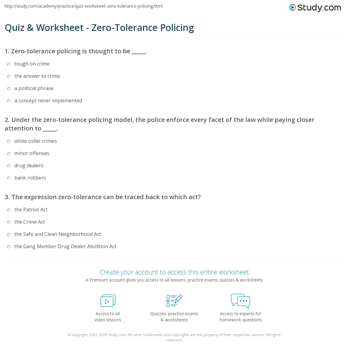 Quiz & Worksheet - Zero-Tolerance Policing | Study.com
