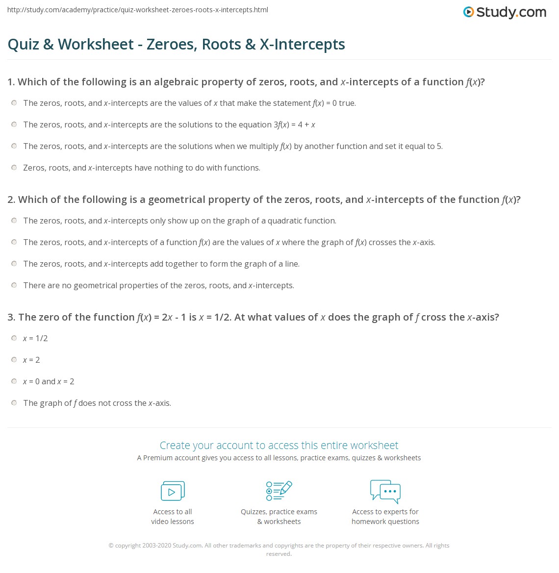 Quiz & Worksheet - Zeroes, Roots & X-Intercepts | Study.com