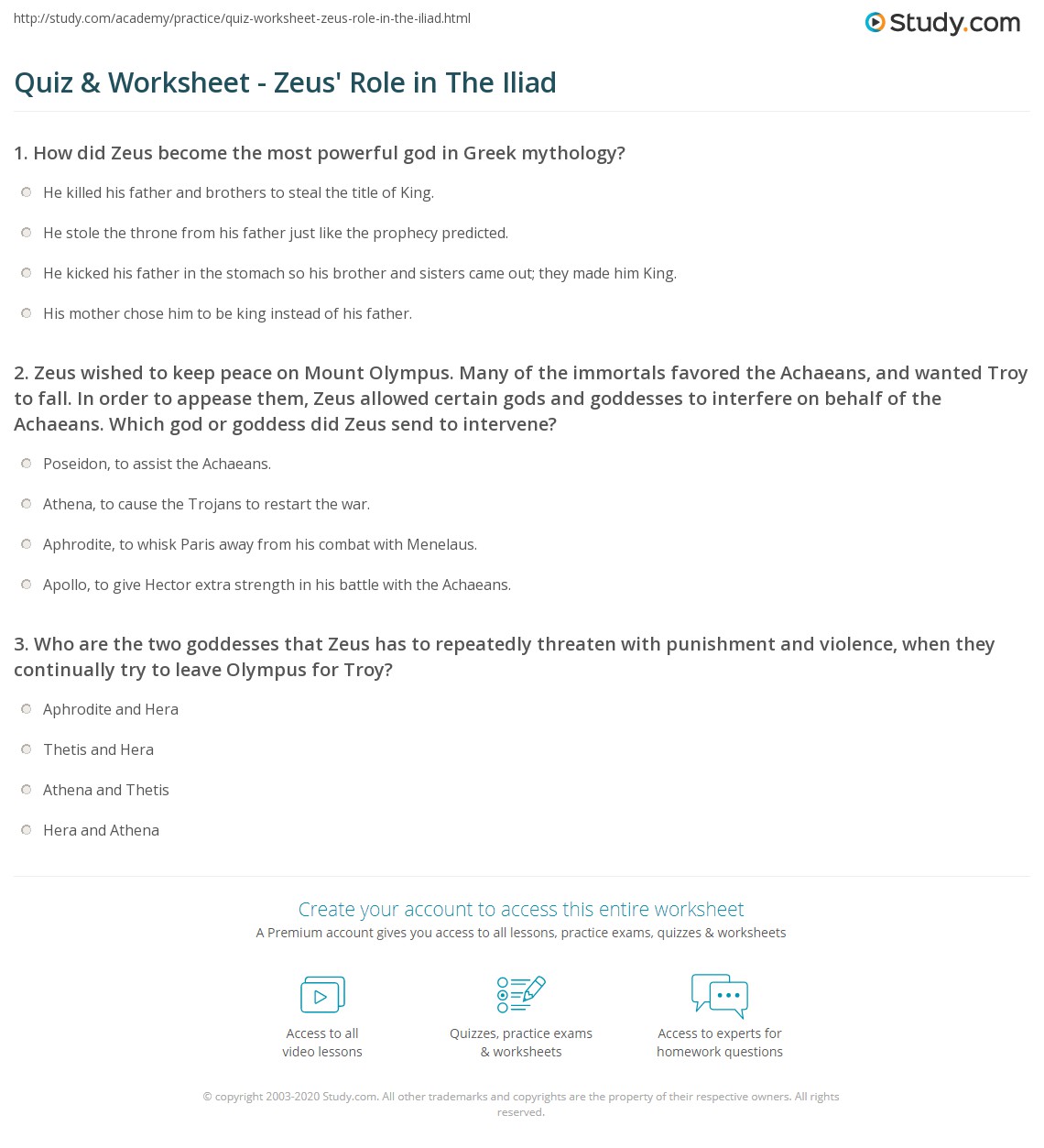 Quiz & Worksheet - Zeus' Role in The Iliad | Study.com