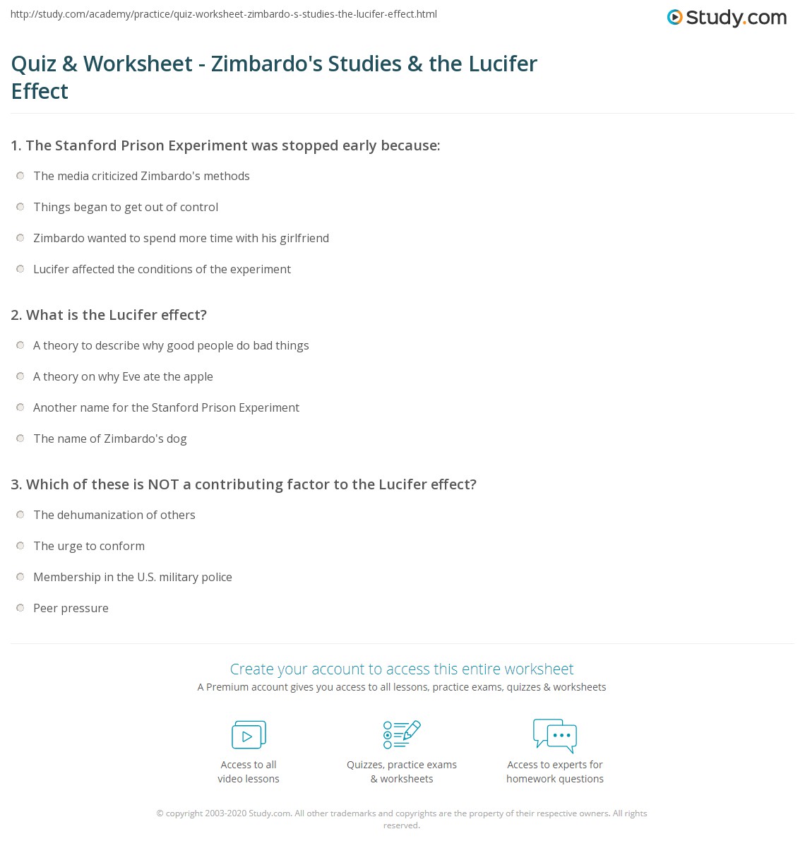 Quiz & Worksheet - Zimbardo's Studies & the Lucifer Effect | Study.com