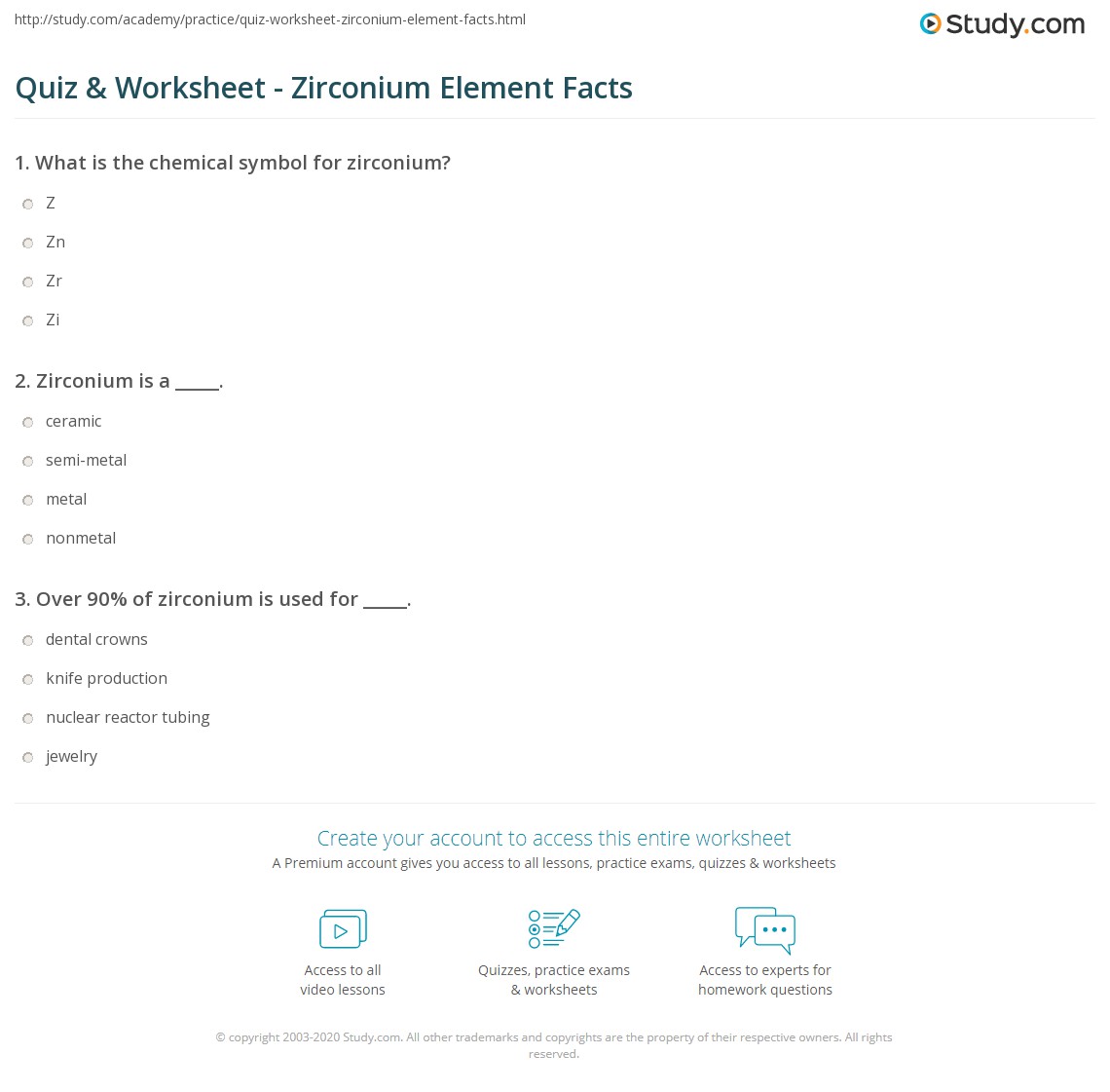 Quiz & Worksheet - Zirconium Element Facts | Study.com