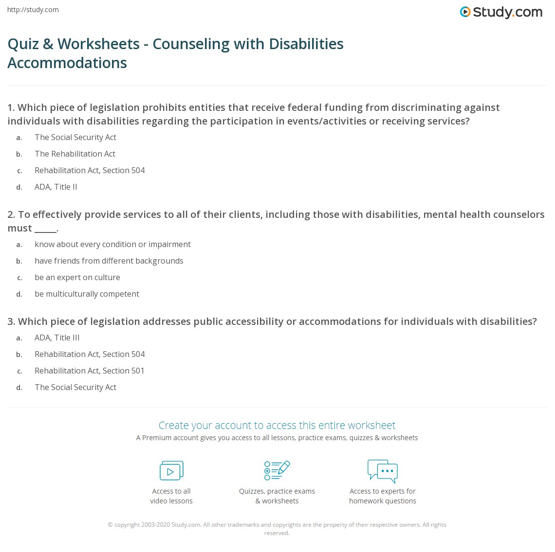 Quiz & Worksheets - Counseling with Disabilities Accommodations | Study.com