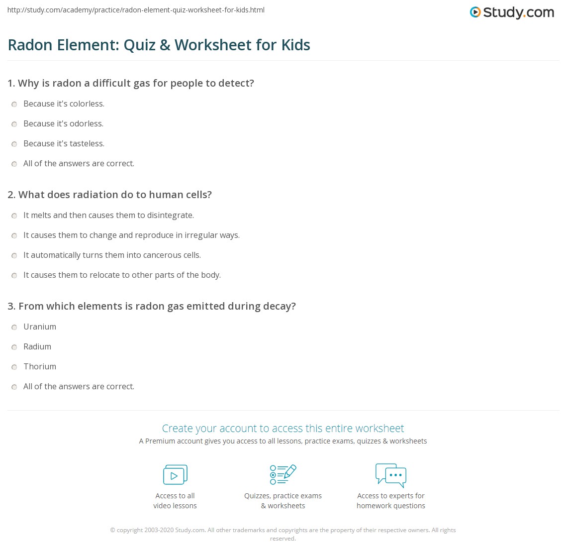 Radon Element: Quiz & Worksheet for Kids | Study.com