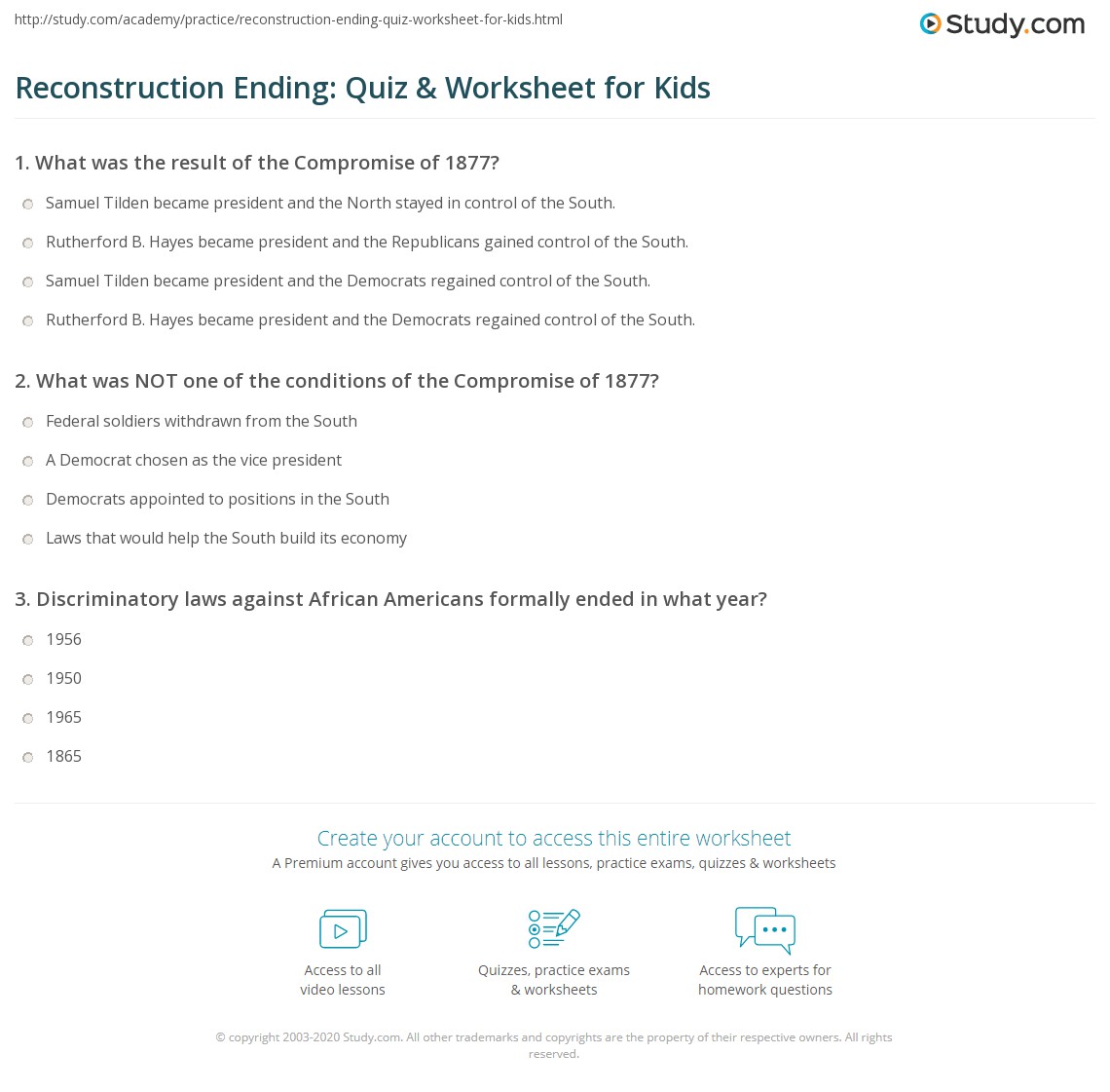 Reconstruction Ending: Quiz & Worksheet for Kids | Study.com