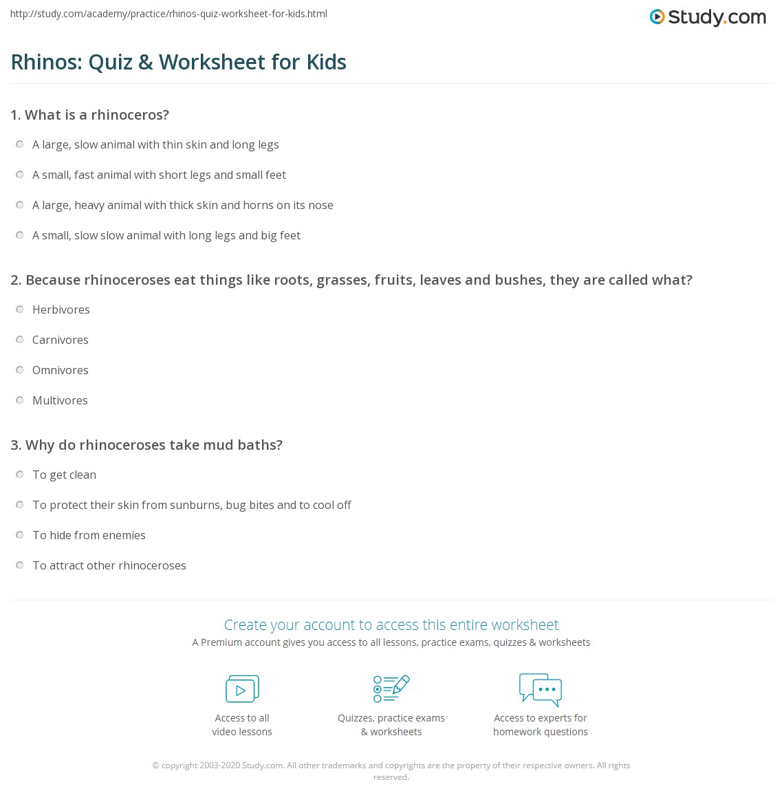 Rhinos: Quiz & Worksheet for Kids | Study.com