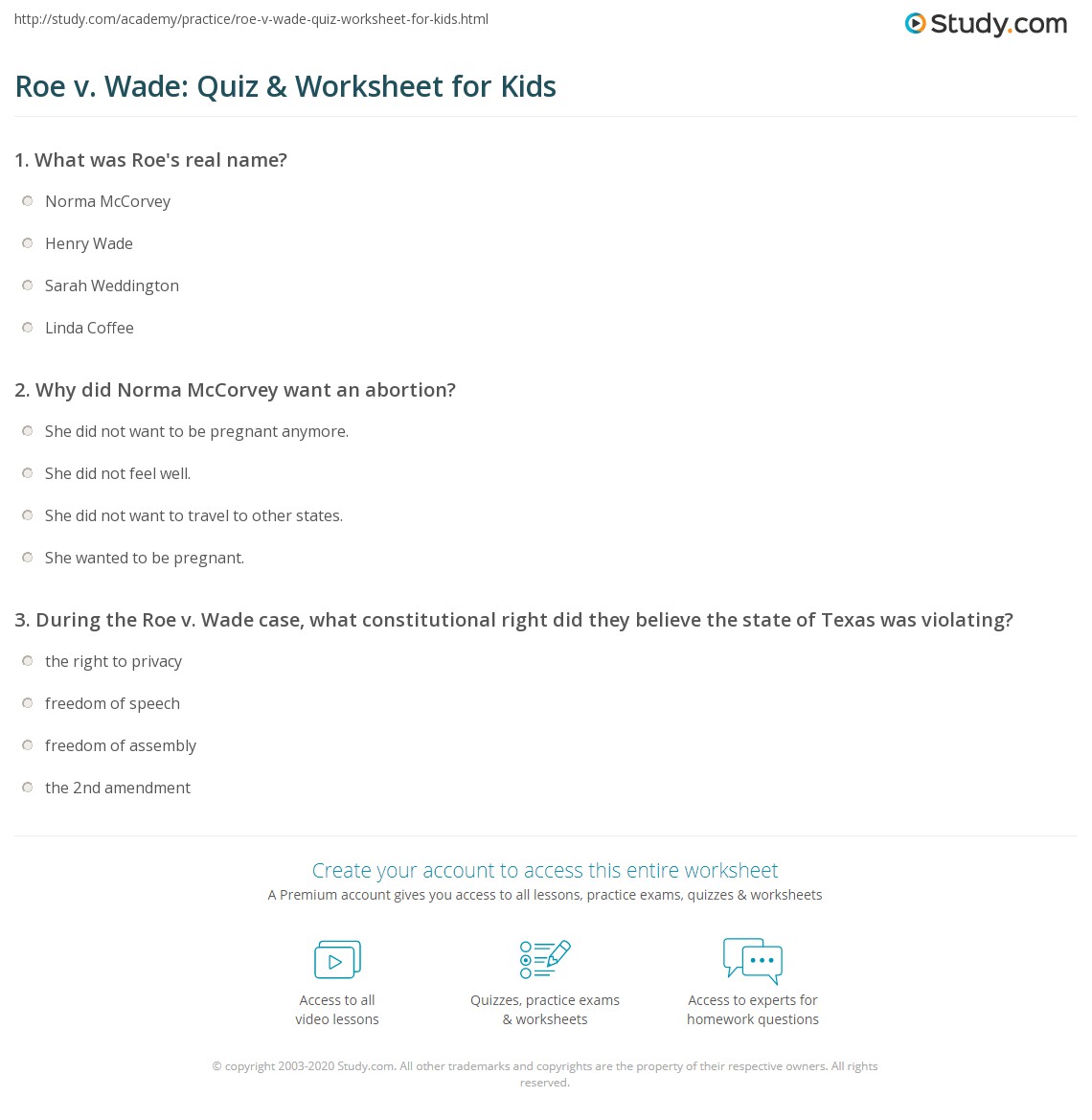 Roe v. Wade: Quiz & Worksheet for Kids | Study.com
