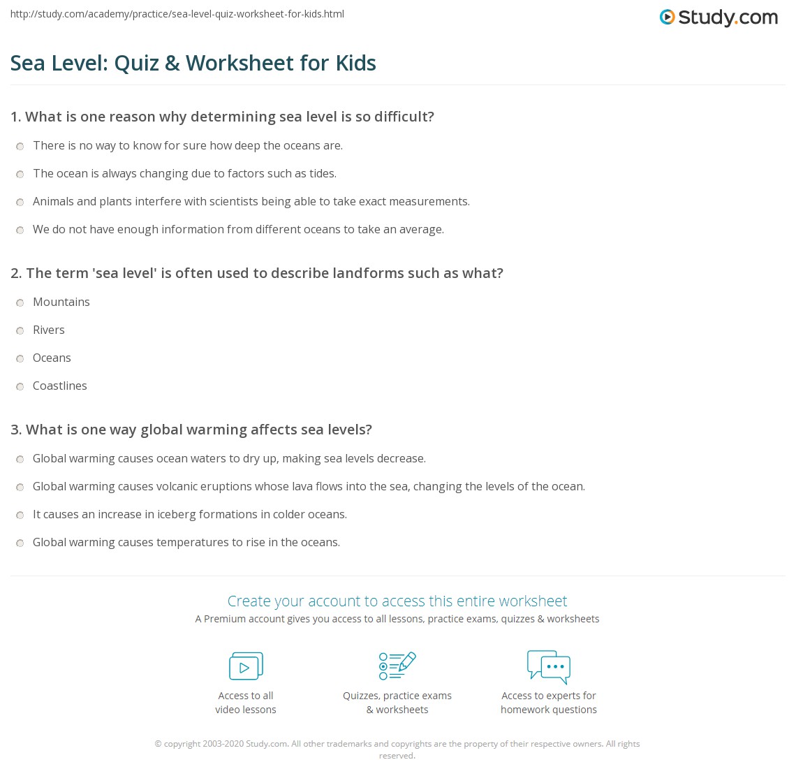 Sea Level: Quiz & Worksheet for Kids | Study.com