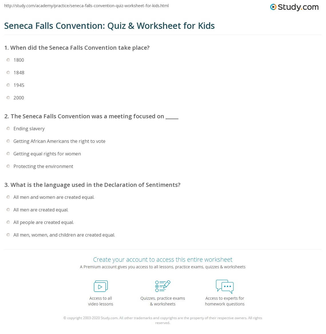 Seneca Falls Convention: Quiz & Worksheet for Kids | Study.com