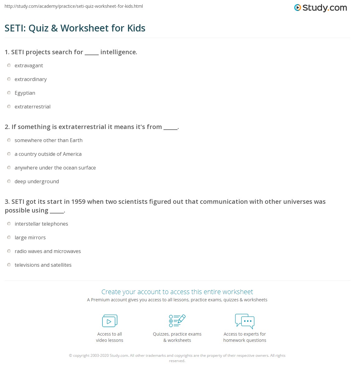 SETI: Quiz & Worksheet for Kids | Study.com