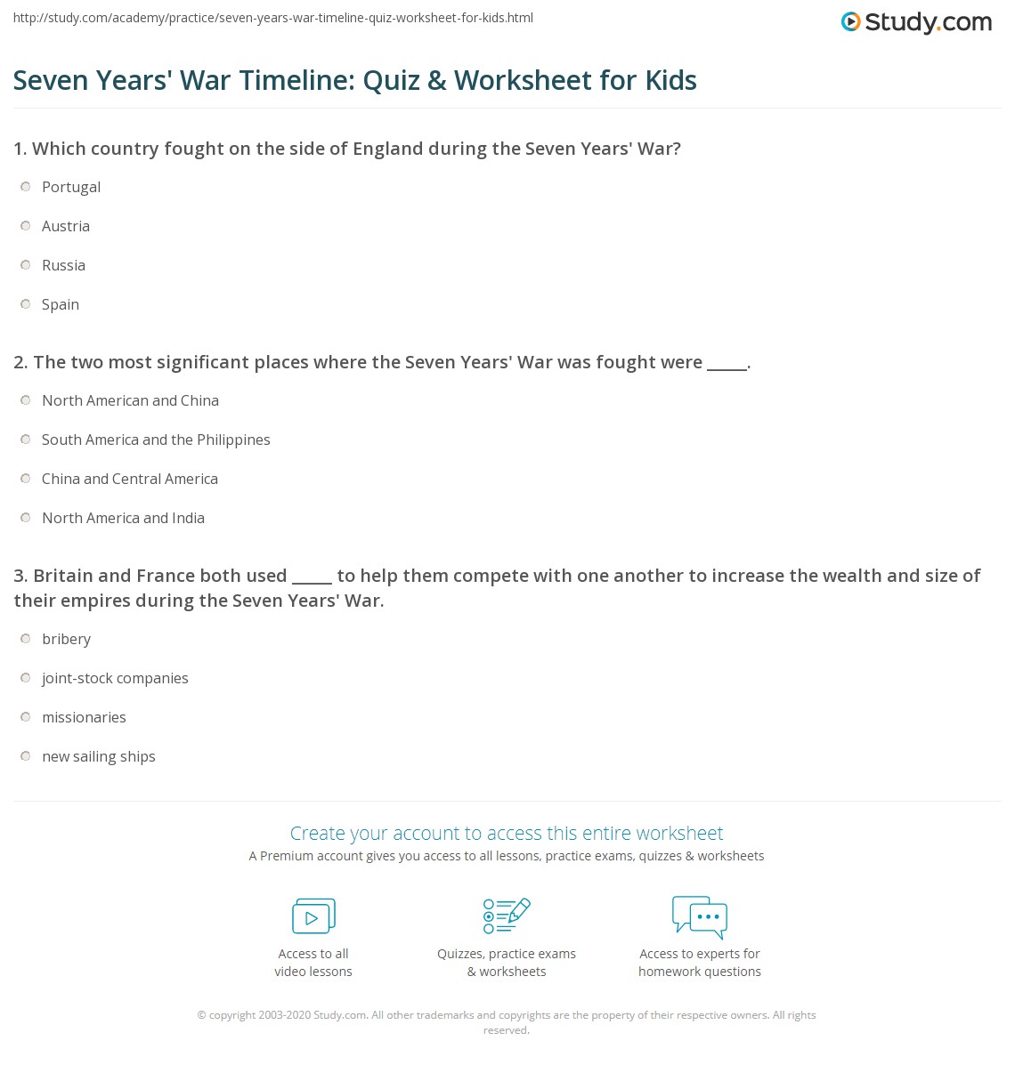 Seven Years' War Timeline: Quiz & Worksheet for Kids | Study.com