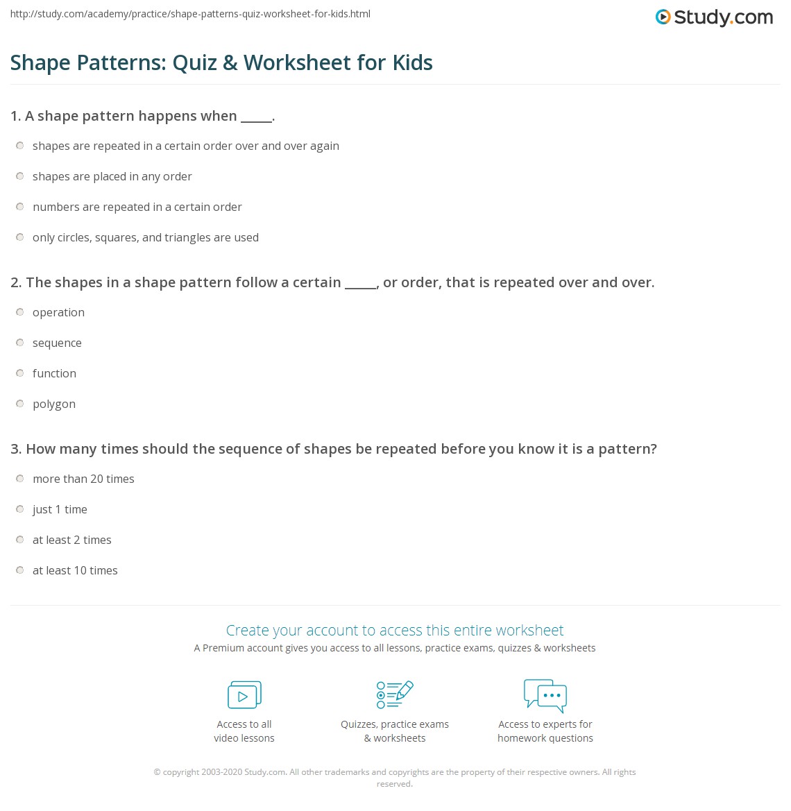 Shape Patterns Quiz Worksheet For Kids Study