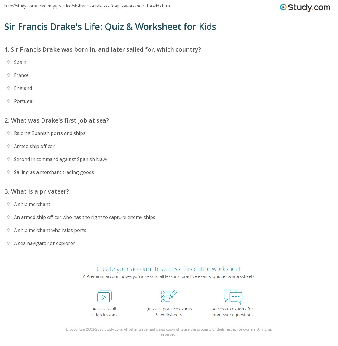 Sir Francis Drake's Life: Quiz & Worksheet for Kids | Study.com