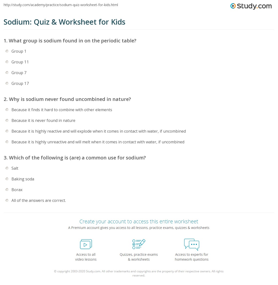 Sodium: Quiz & Worksheet for Kids | Study.com