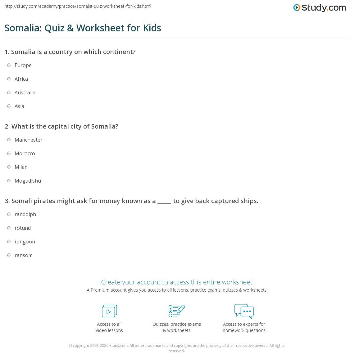 Somalia: Quiz & Worksheet for Kids | Study.com