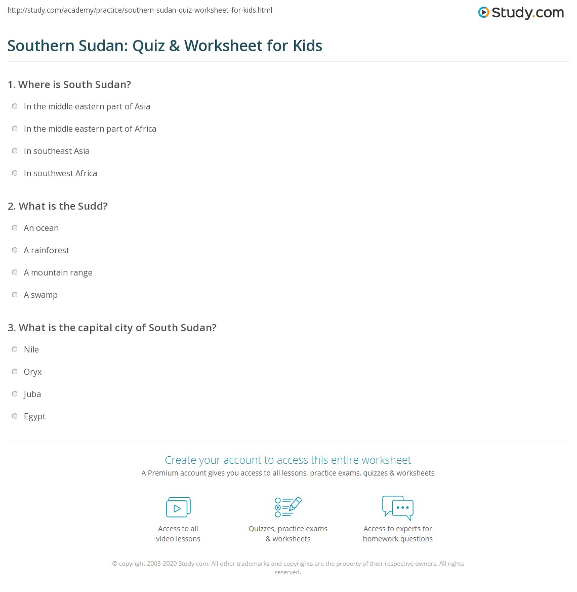 Southern Sudan: Quiz & Worksheet for Kids | Study.com