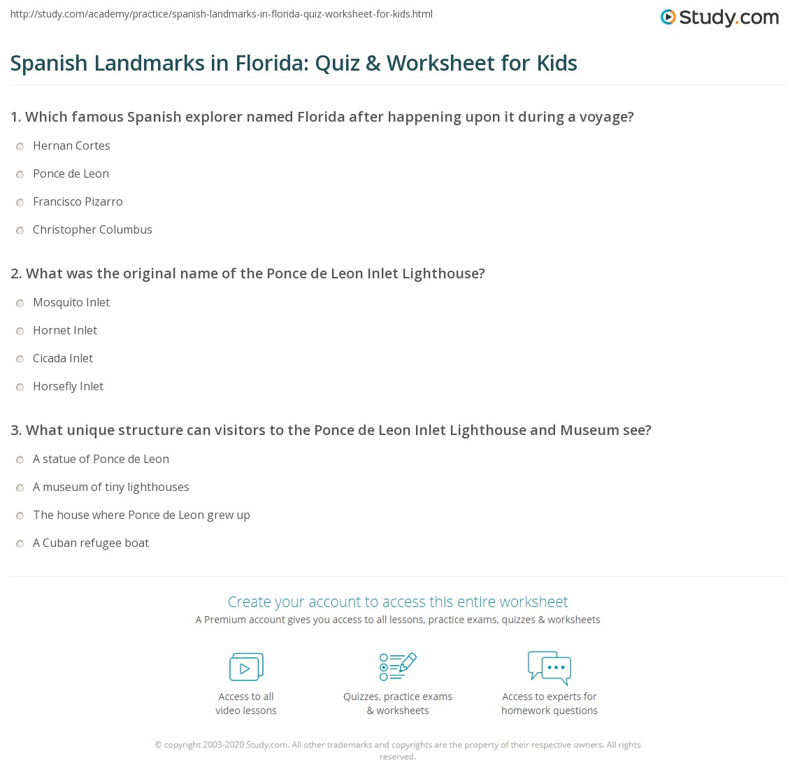 Spanish Landmarks in Florida: Quiz & Worksheet for Kids | Study.com