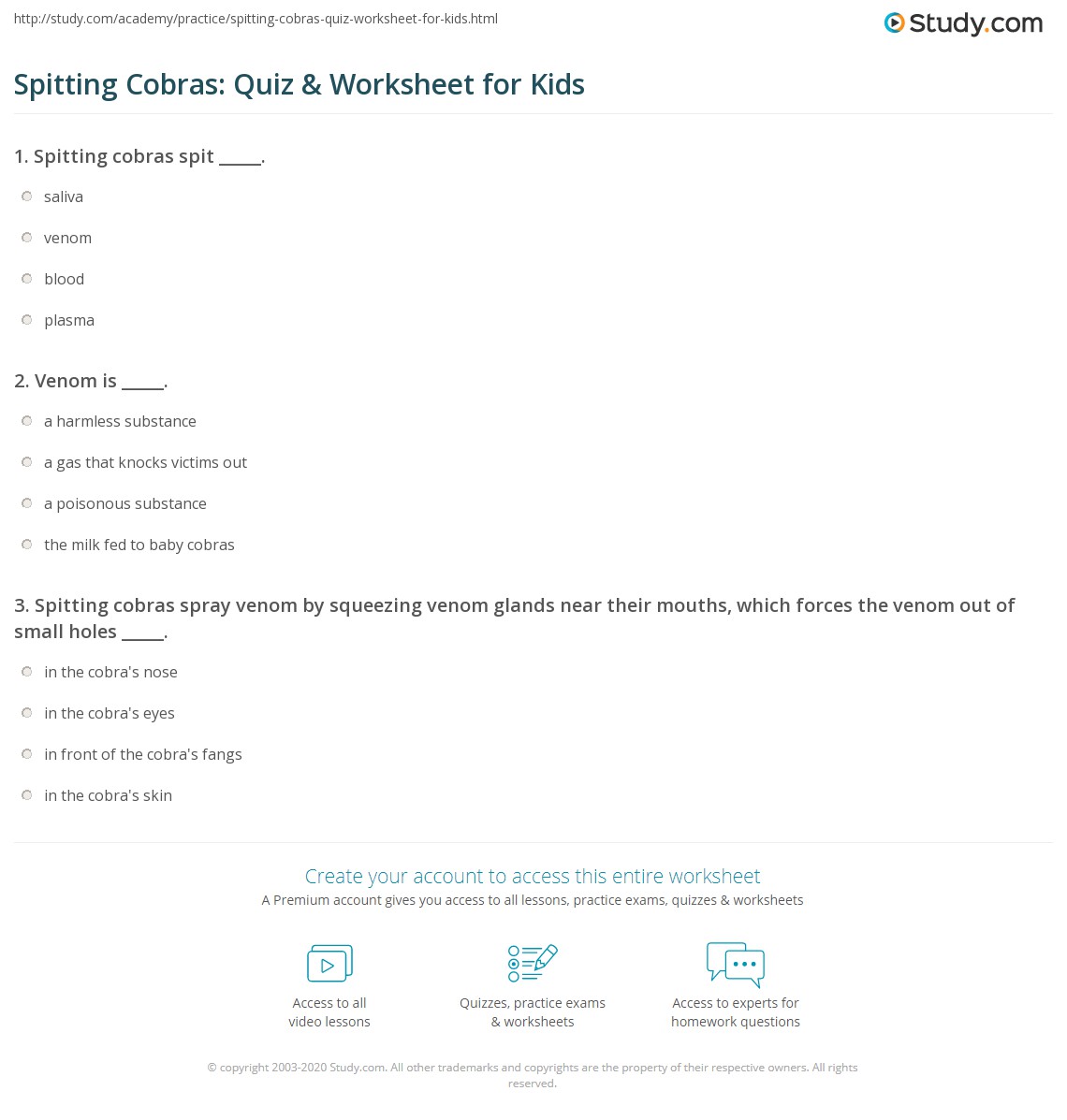 Spitting Cobras: Quiz & Worksheet for Kids | Study.com