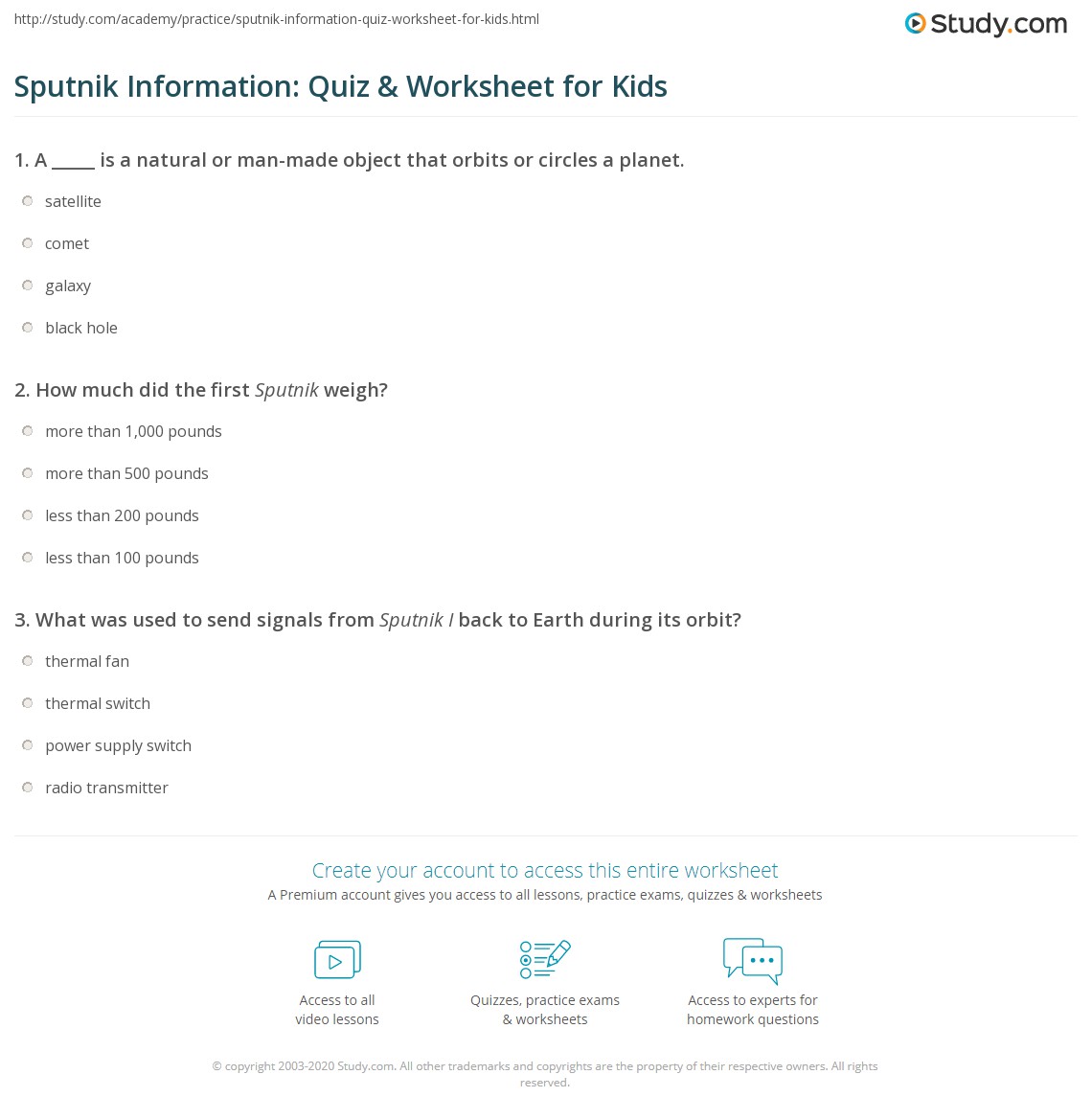 Sputnik Information: Quiz & Worksheet for Kids | Study.com