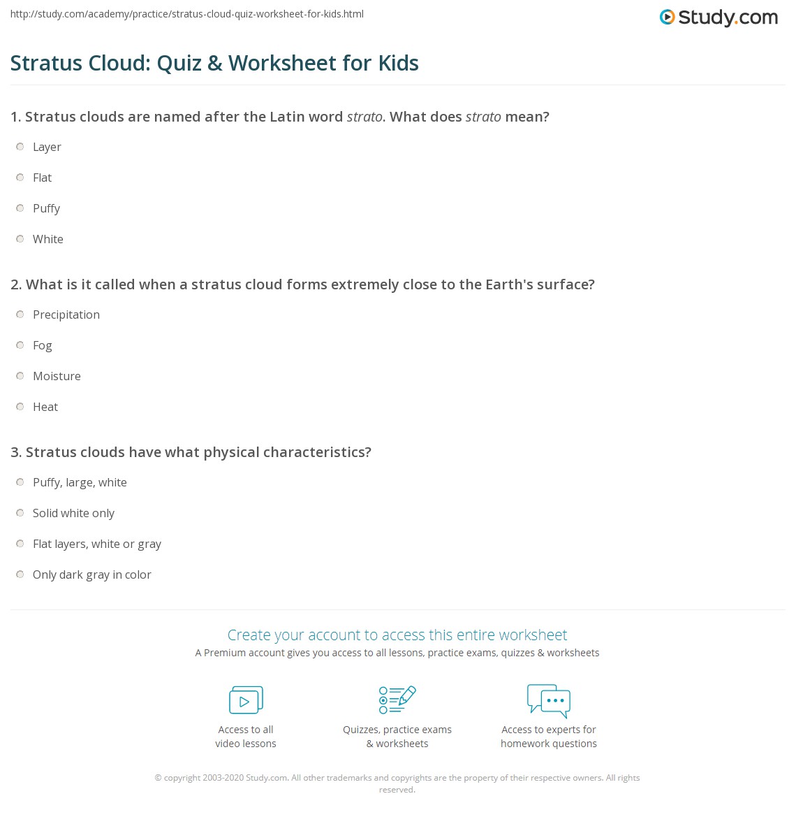 Stratus Cloud: Quiz & Worksheet for Kids | Study.com