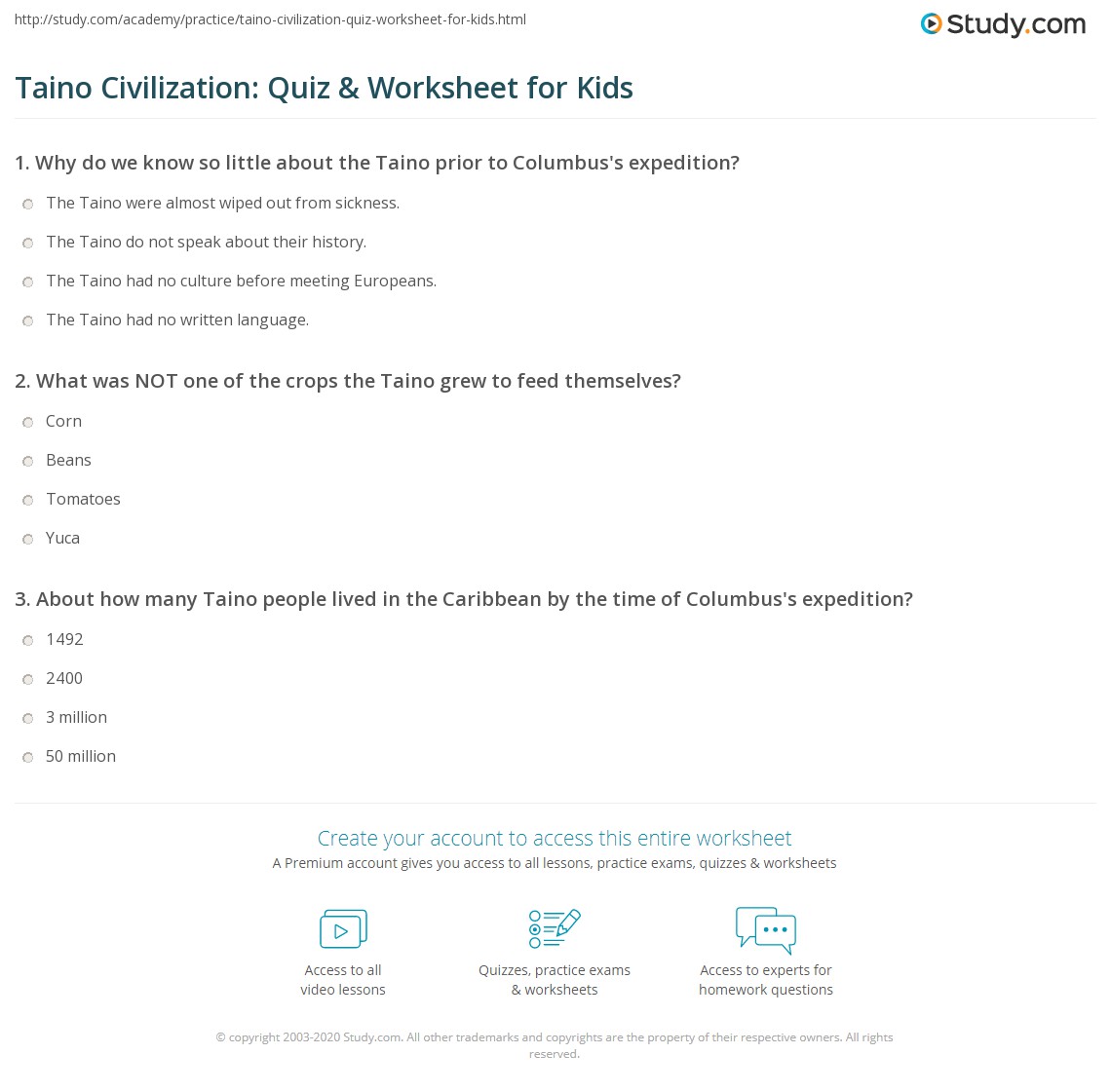 Taino Civilization: Quiz & Worksheet for Kids | Study.com