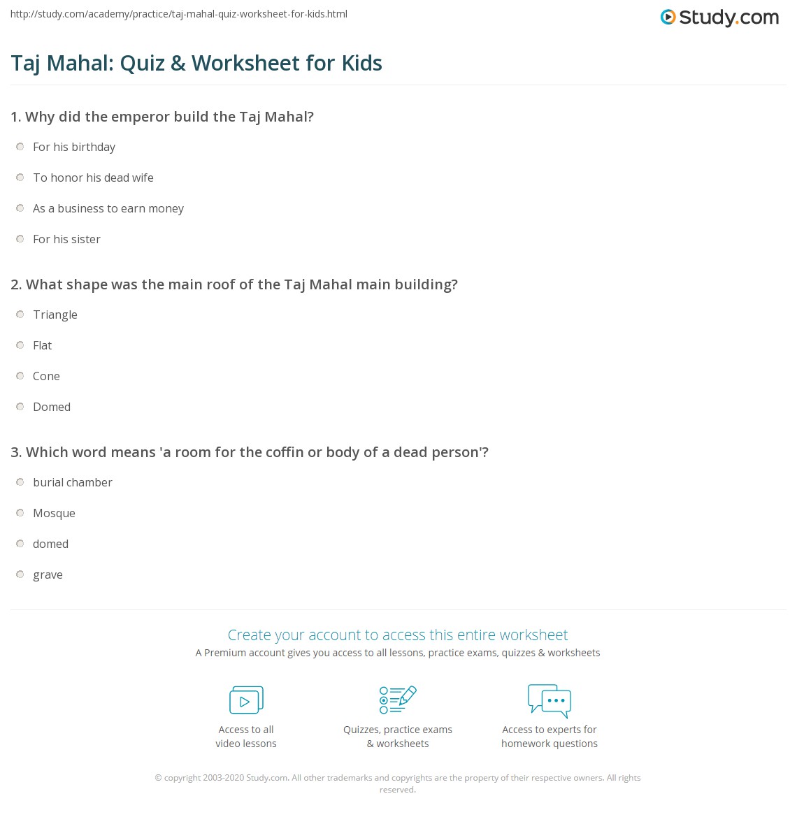 Taj Mahal: Quiz & Worksheet for Kids | Study.com