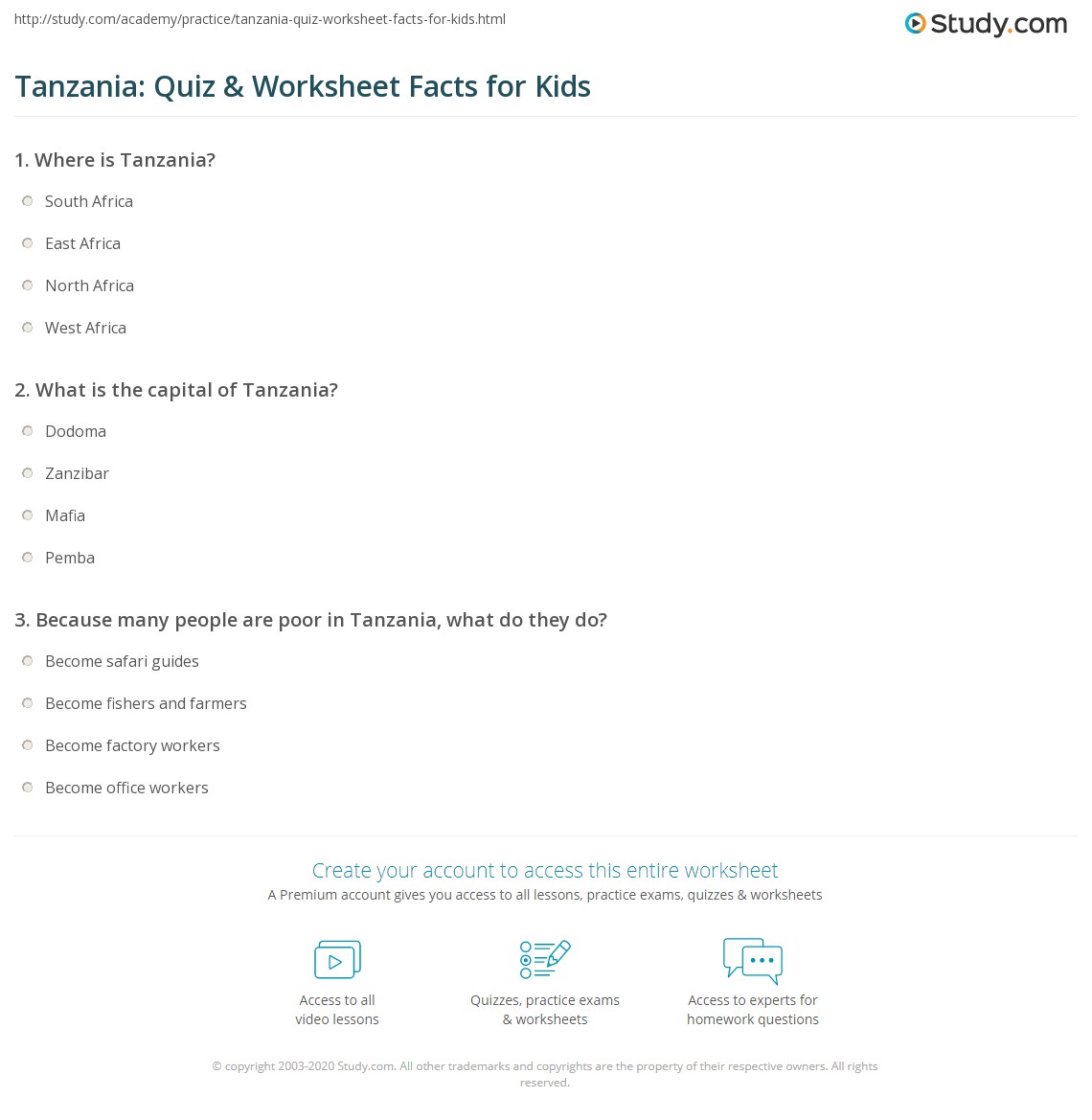 Tanzania: Quiz & Worksheet Facts for Kids | Study.com