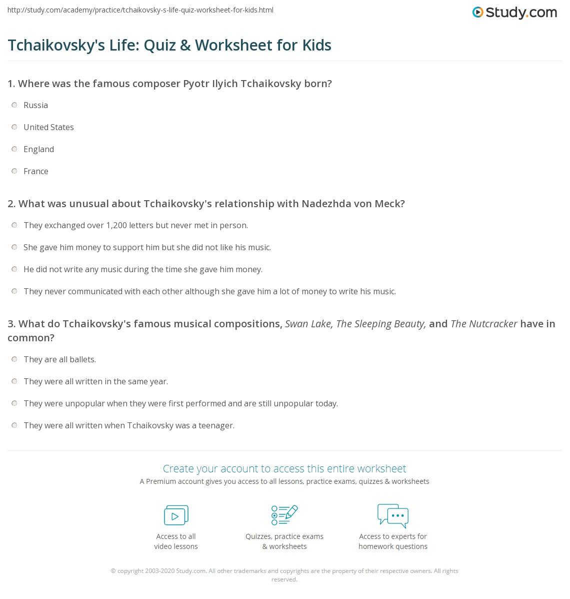 Tchaikovsky's Life: Quiz & Worksheet for Kids | Study.com