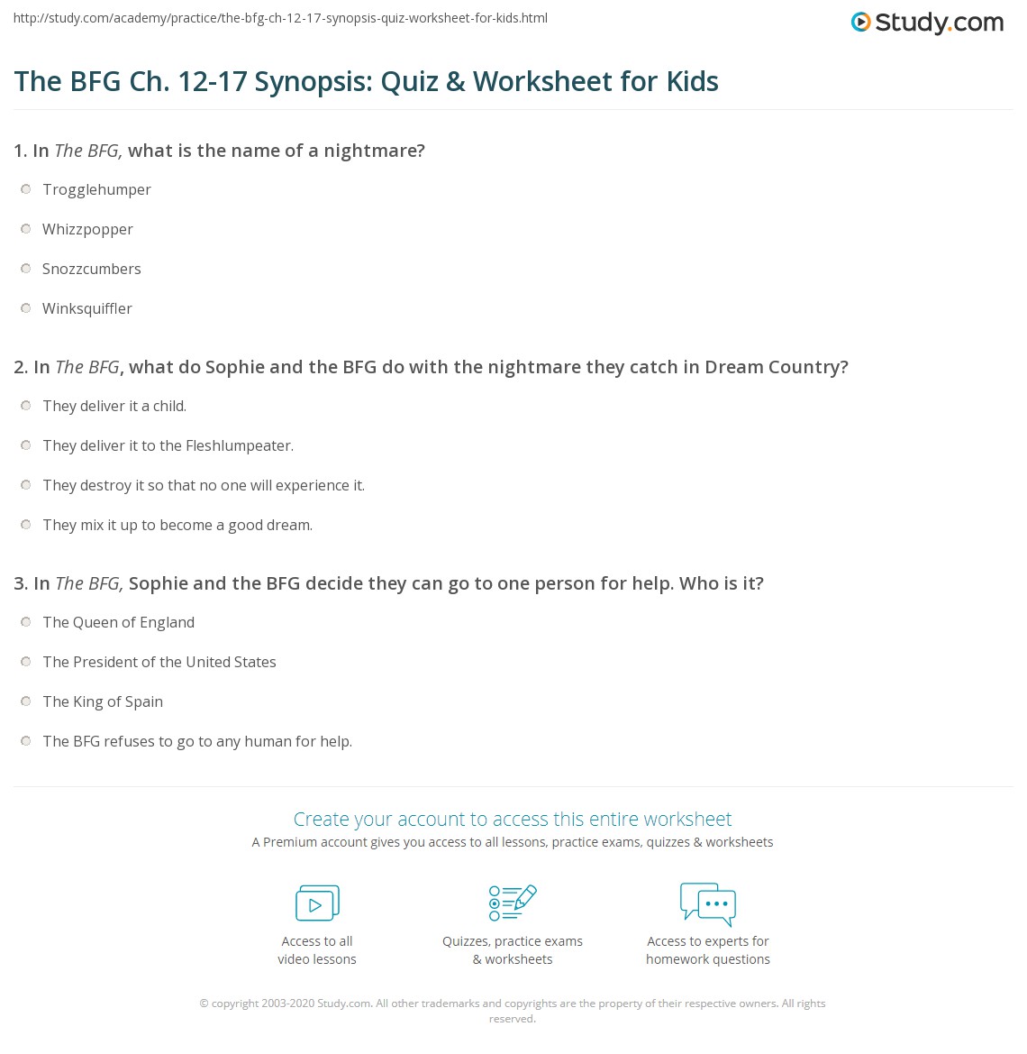 The BFG Ch. 12-17 Synopsis: Quiz & Worksheet for Kids | Study.com