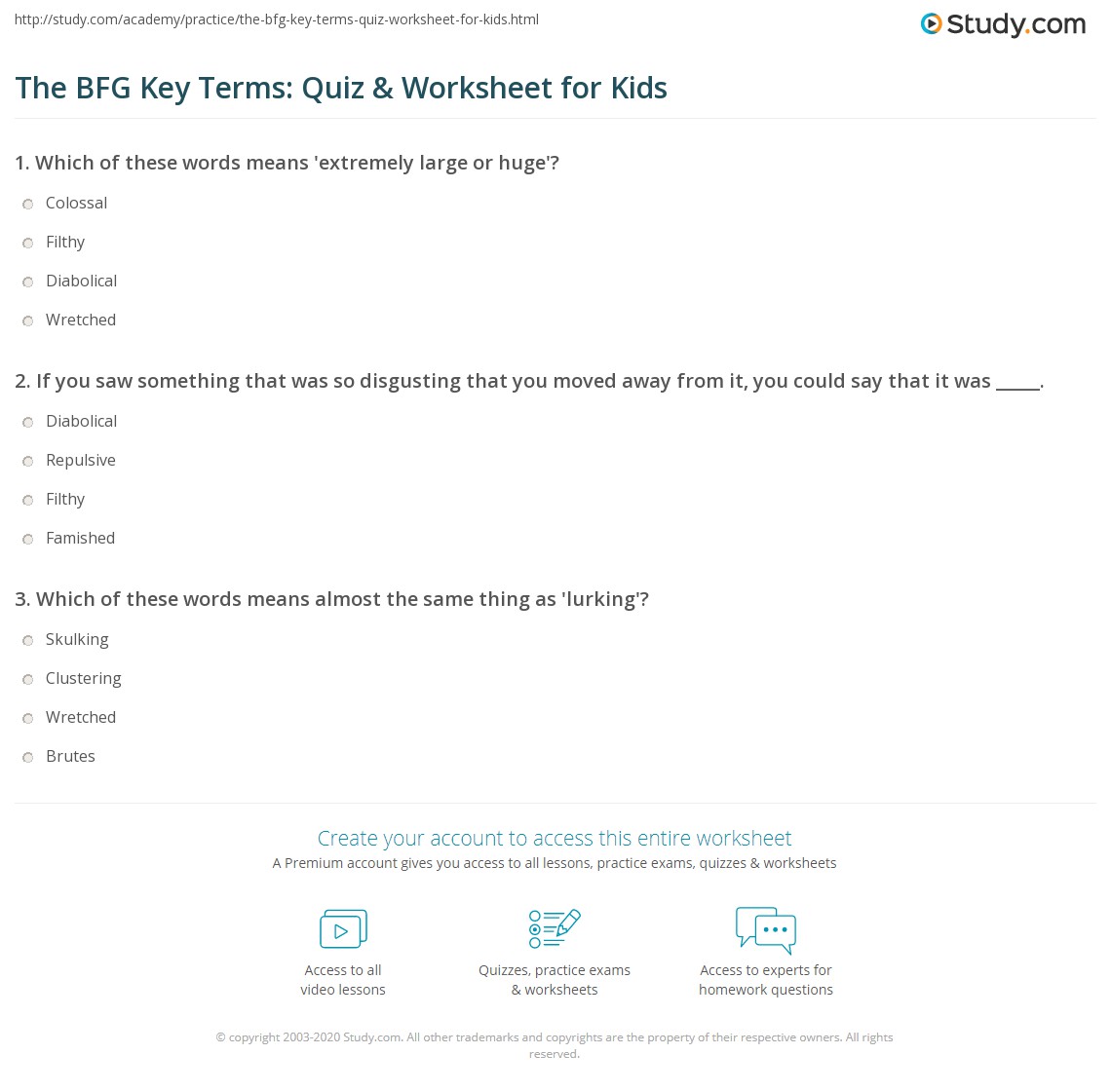 The BFG Key Terms: Quiz & Worksheet for Kids | Study.com