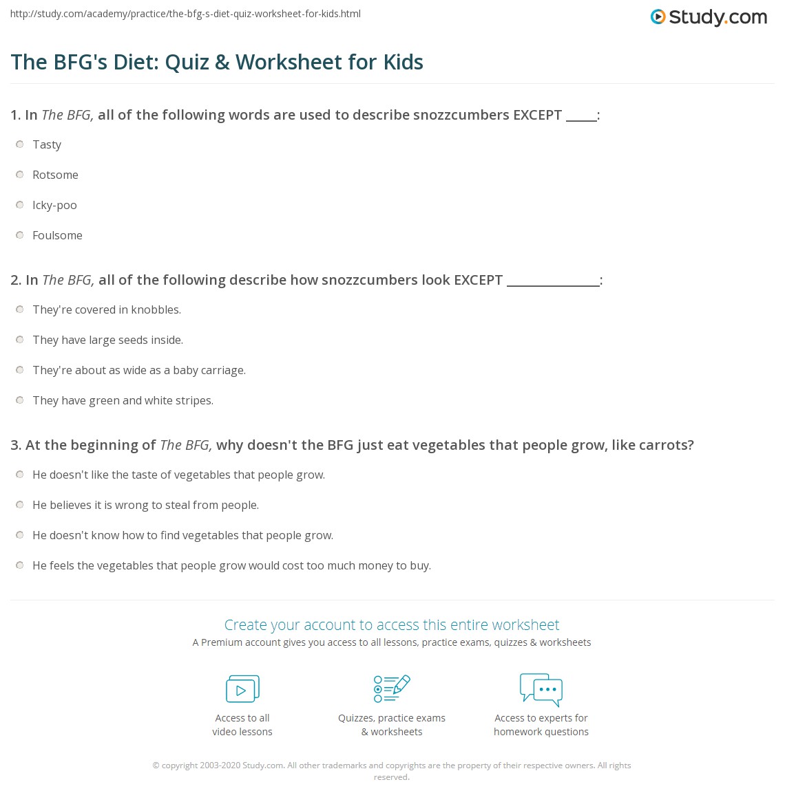 The BFG's Diet: Quiz & Worksheet for Kids | Study.com