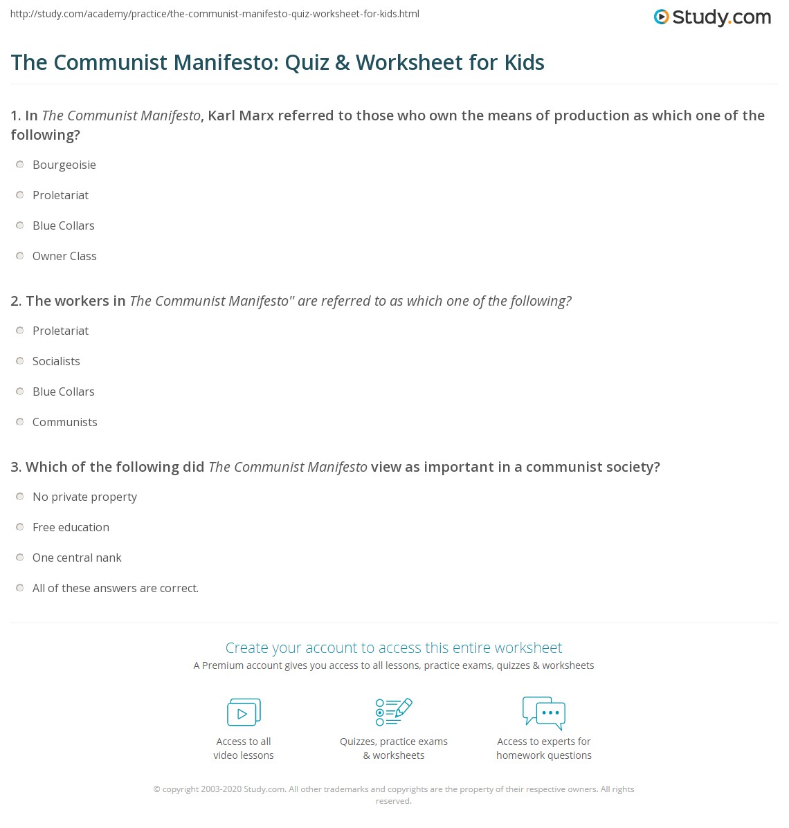 The Communist Manifesto: Quiz & Worksheet for Kids | Study.com