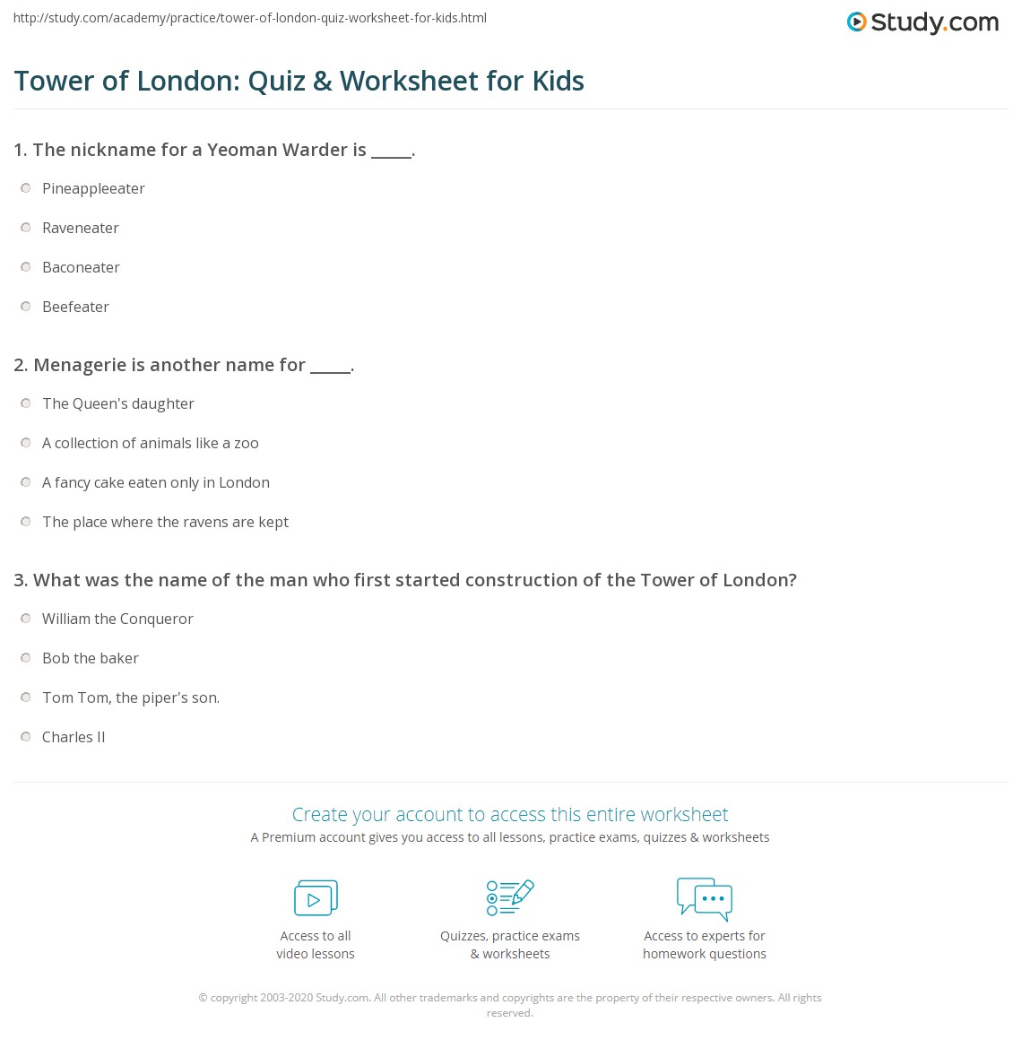 Tower of London: Quiz & Worksheet for Kids | Study.com