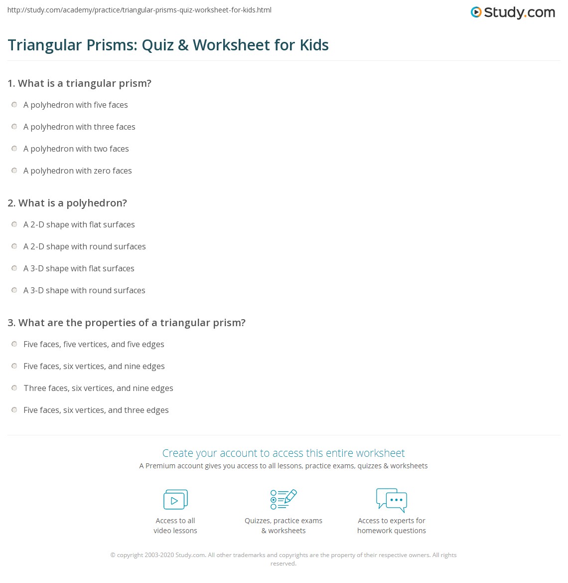 Triangular Prisms: Quiz & Worksheet for Kids | Study.com