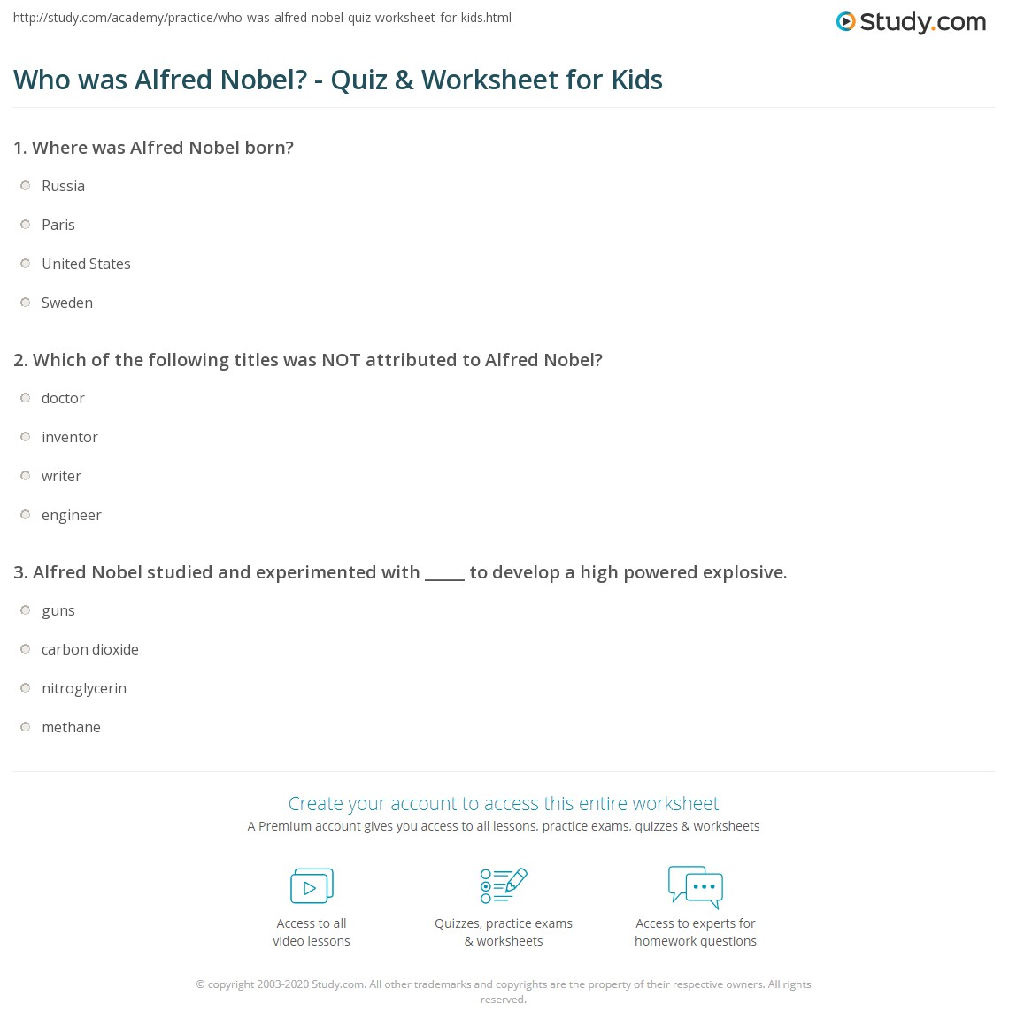 Who was Alfred Nobel? - Quiz & Worksheet for Kids | Study.com