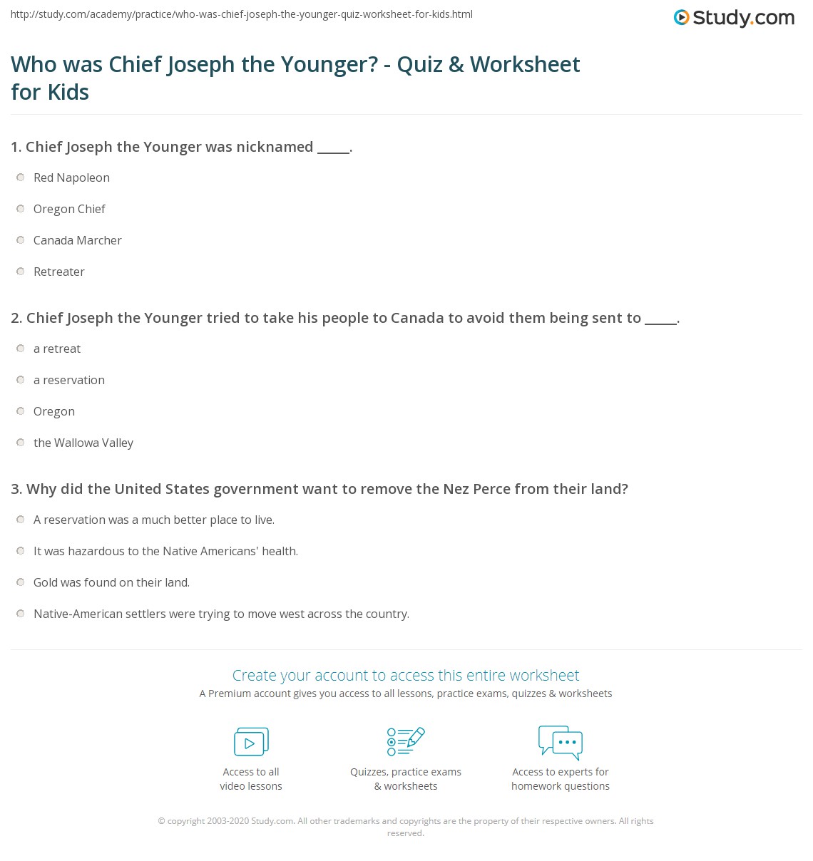 Who was Chief Joseph the Younger? - Quiz & Worksheet for Kids | Study.com