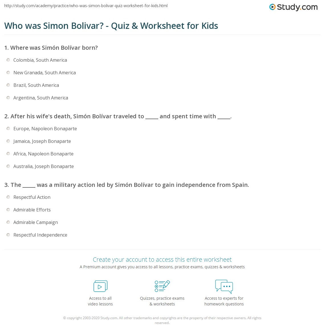 Who was Simon Bolivar? - Quiz & Worksheet for Kids | Study.com
