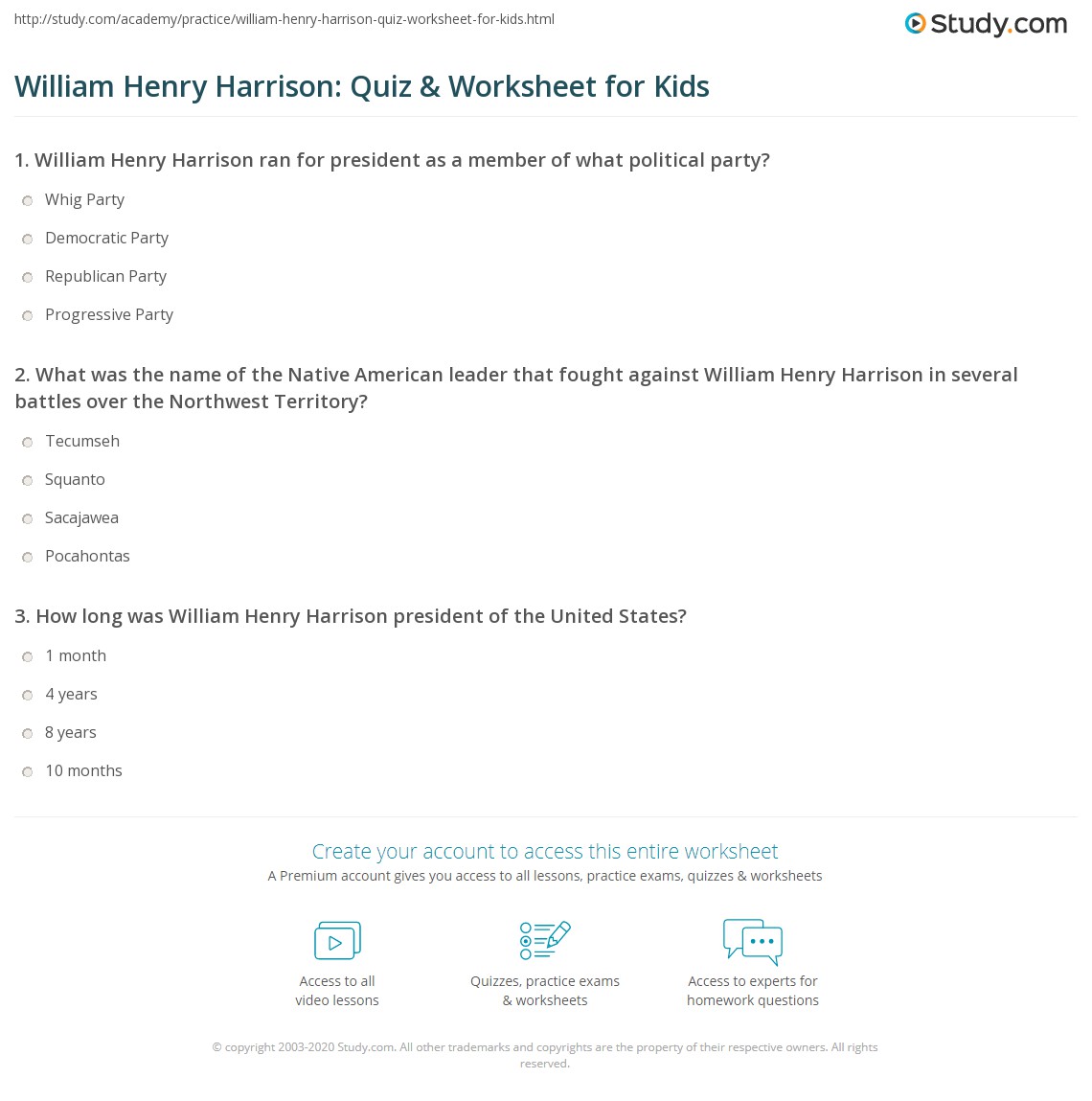 William Henry Harrison: Quiz & Worksheet for Kids | Study.com