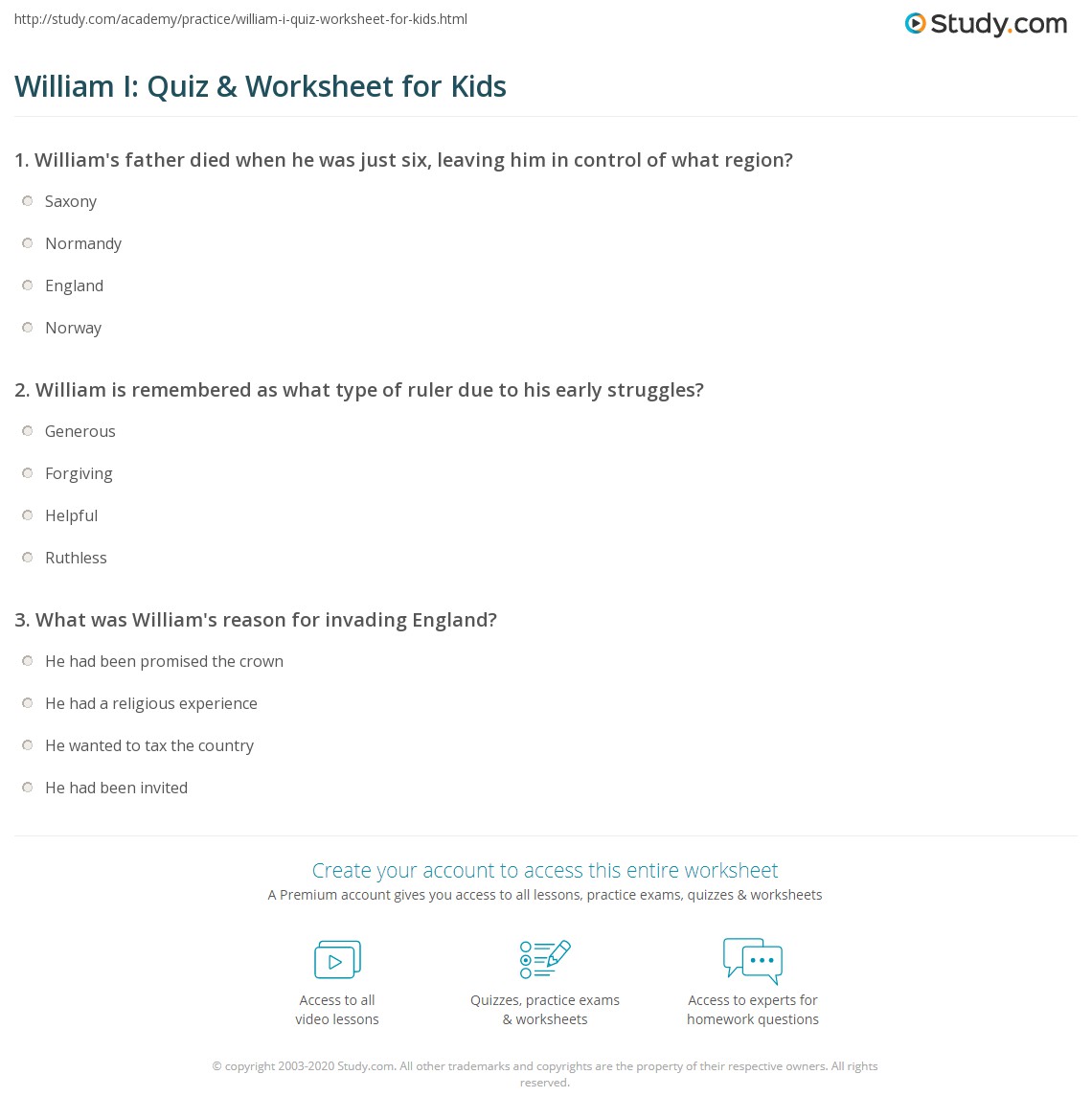 William I: Quiz & Worksheet for Kids | Study.com