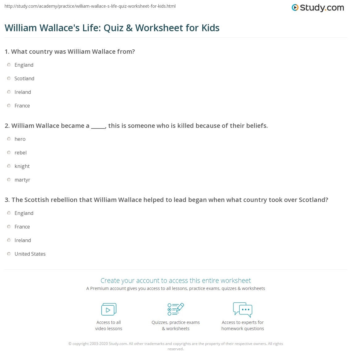 William Wallace's Life: Quiz & Worksheet for Kids | Study.com